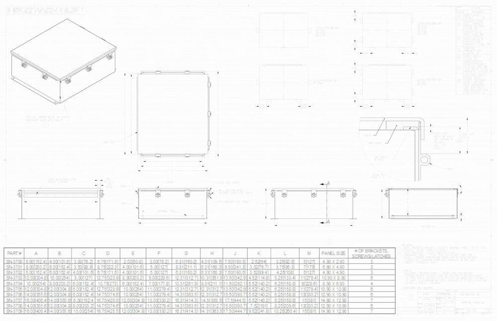 Bud Industries SN-3700 series enclosure drawing, page 1; includes SN-3708 dimensions and material notes
