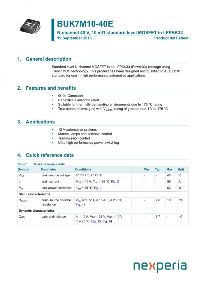 BUK7M10-40EX datasheet page 1