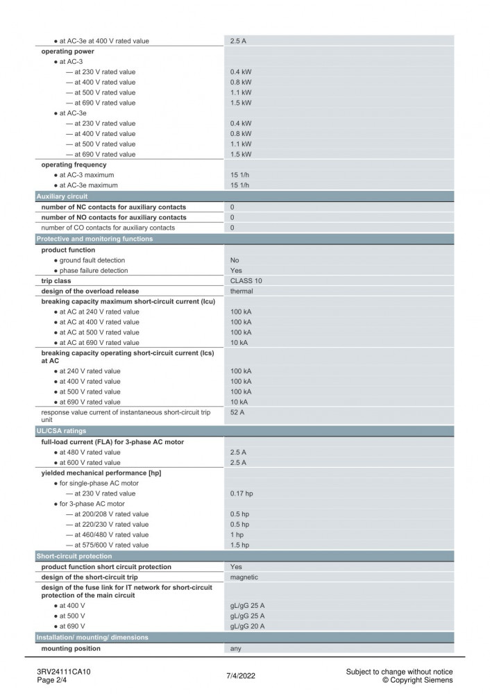 SIEMENS 3RV24111CA10 datasheet page 2