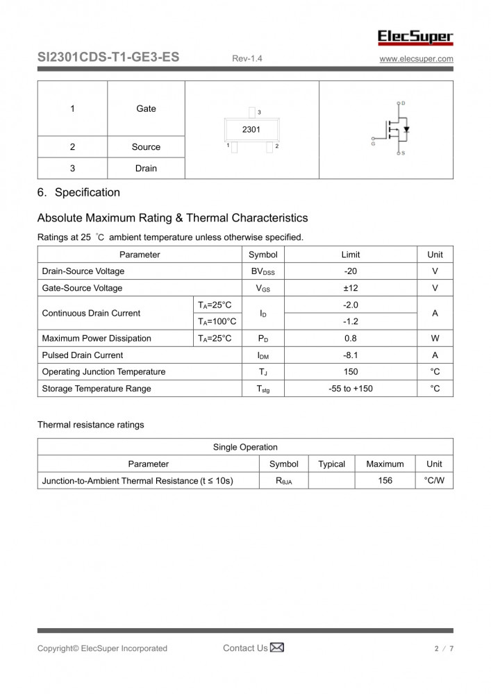 SI2301CDS-T1-GE3-ES datasheet page 2