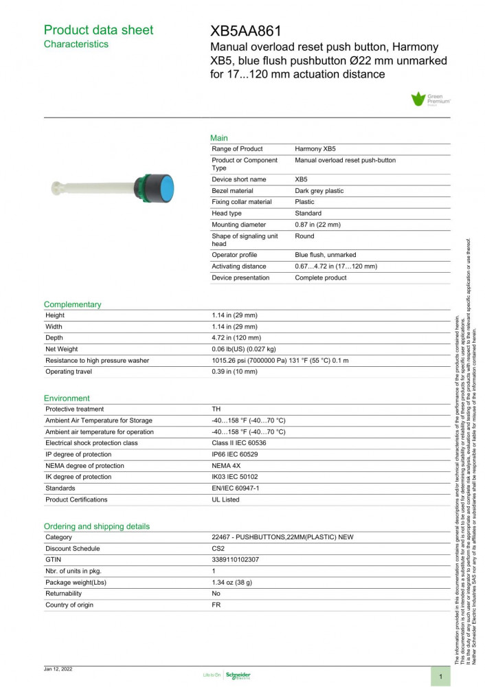XB5AA861 technical document page 1