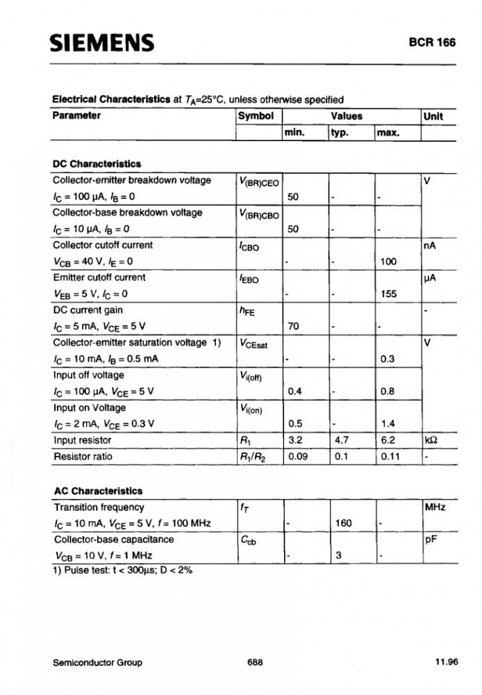 BCR166 maximum ratings and electrical characteristics