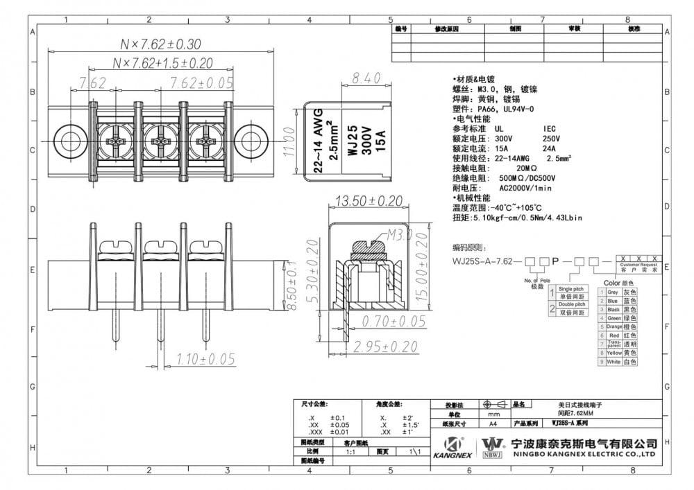 KANGNEX WJ25S-A-7.62-06P-13-00A technical drawing