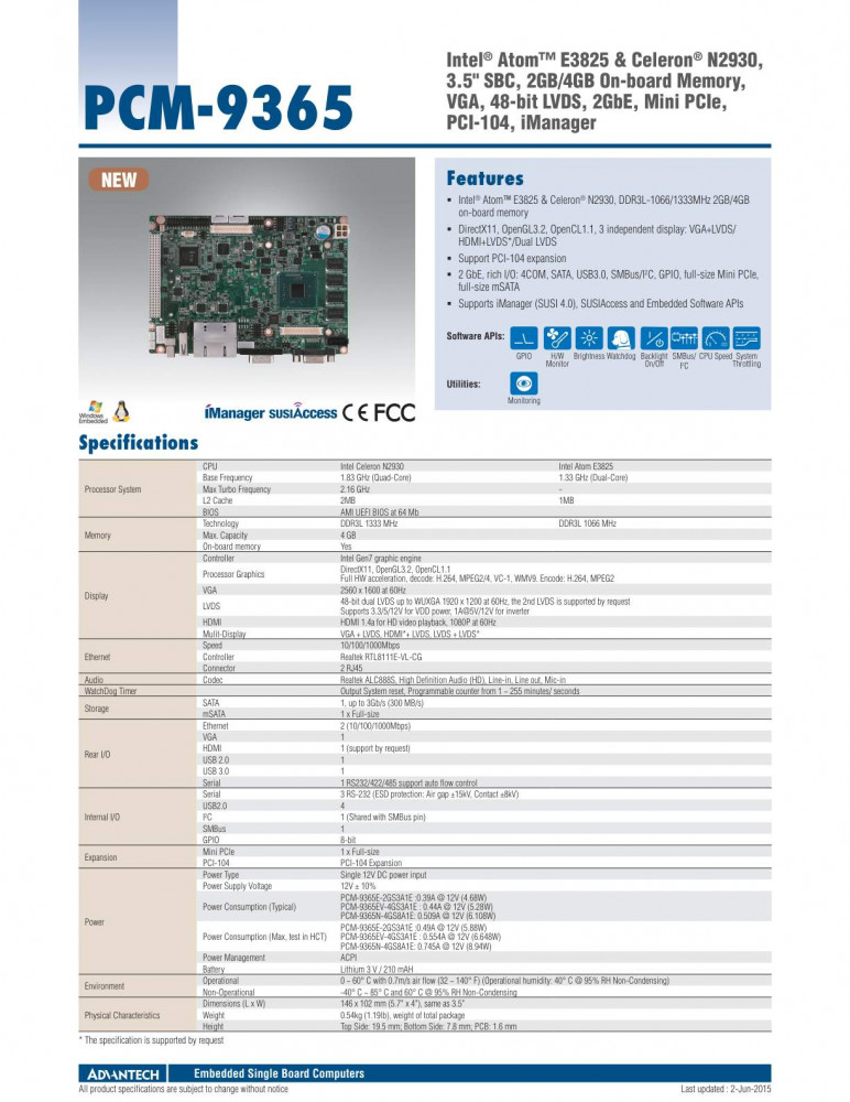 ADVANTECH PCM-9365N-4GS8A1E technical document page 1