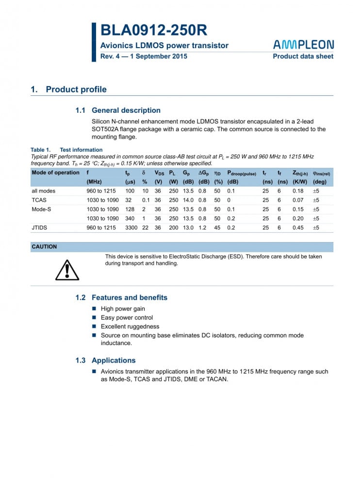 BLA0912-250R datasheet page 1