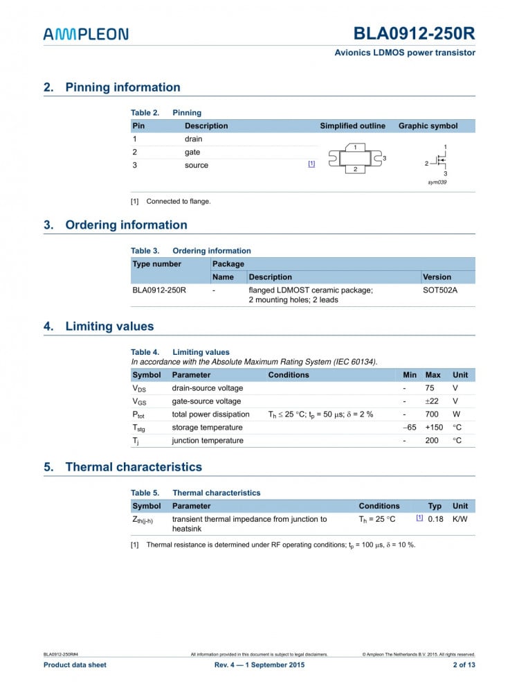 BLA0912-250R datasheet page 2