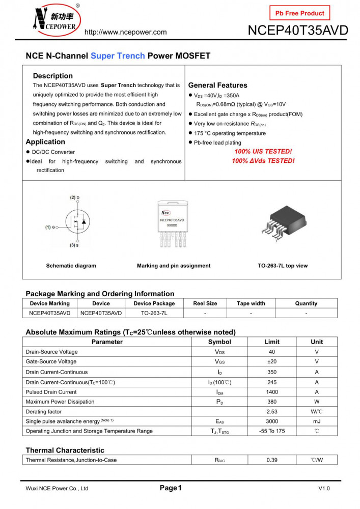 NCEP40T35AVD datasheet page 1
