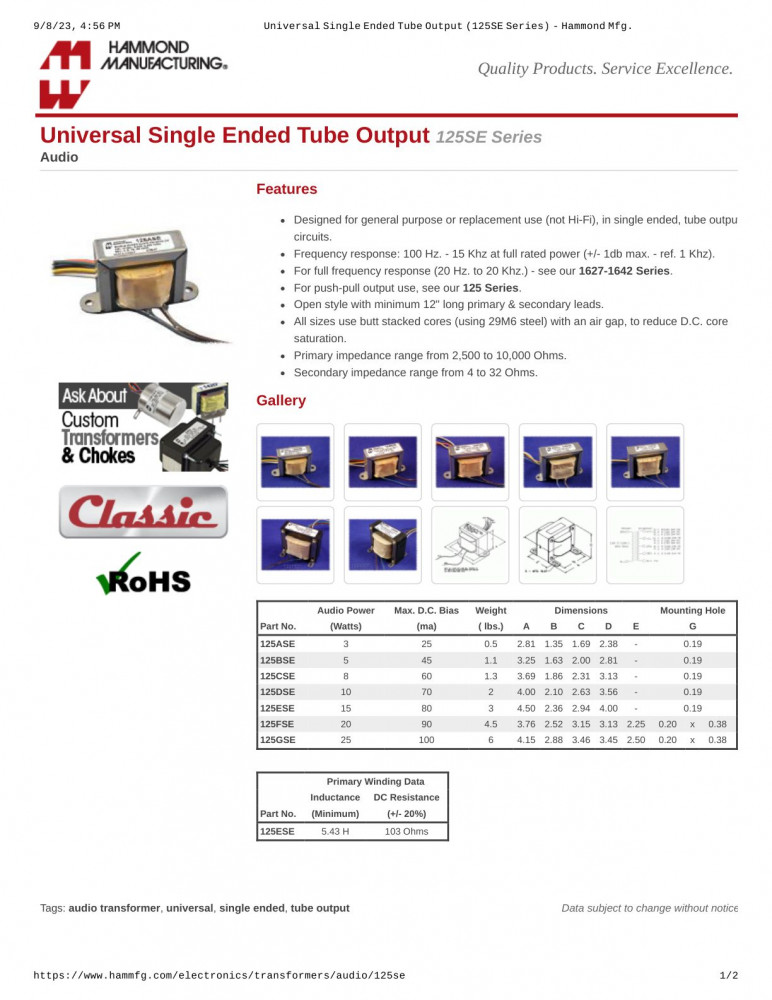 Hammond 125SE series technical document page 1