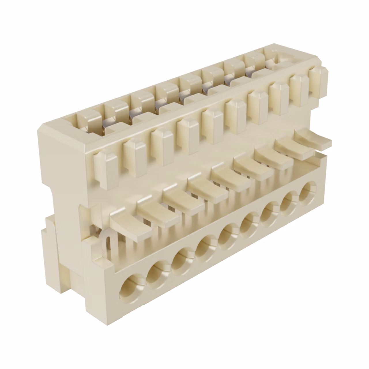 Appli-Mate RAST 2.5 Connector, 2.50mm Pitch, Female, 6 Circuits, Positions A and G Removed, Polarizing Rib Between 2/3, Locking Pips, Open Endwalls, Tin Plating