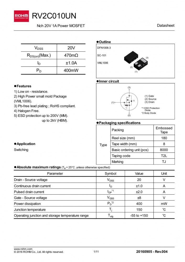 RV2C010UNT2L datasheet page 1