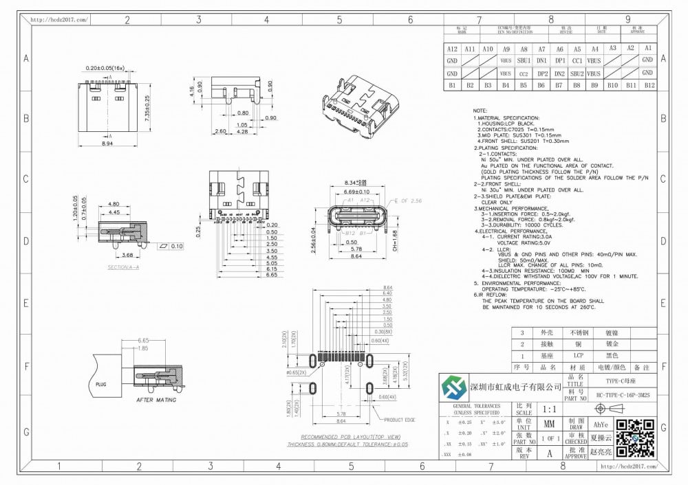 HC-TYPE-C-16P-3M2S technical drawing