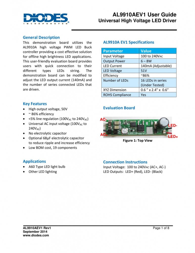 AL9910AEV1 technical document page 1