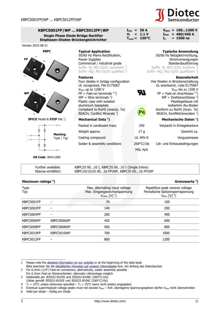 DIOTEC KBPC5012FP datasheet page 1