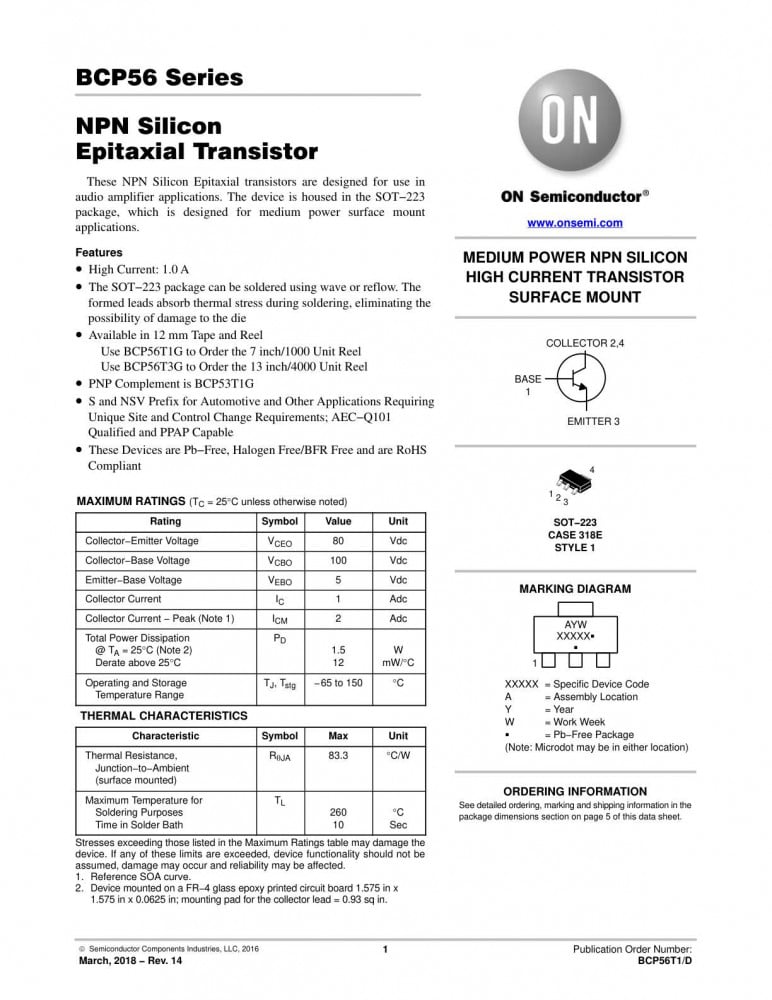 NSVBCP56-10T3G datasheet page 1
