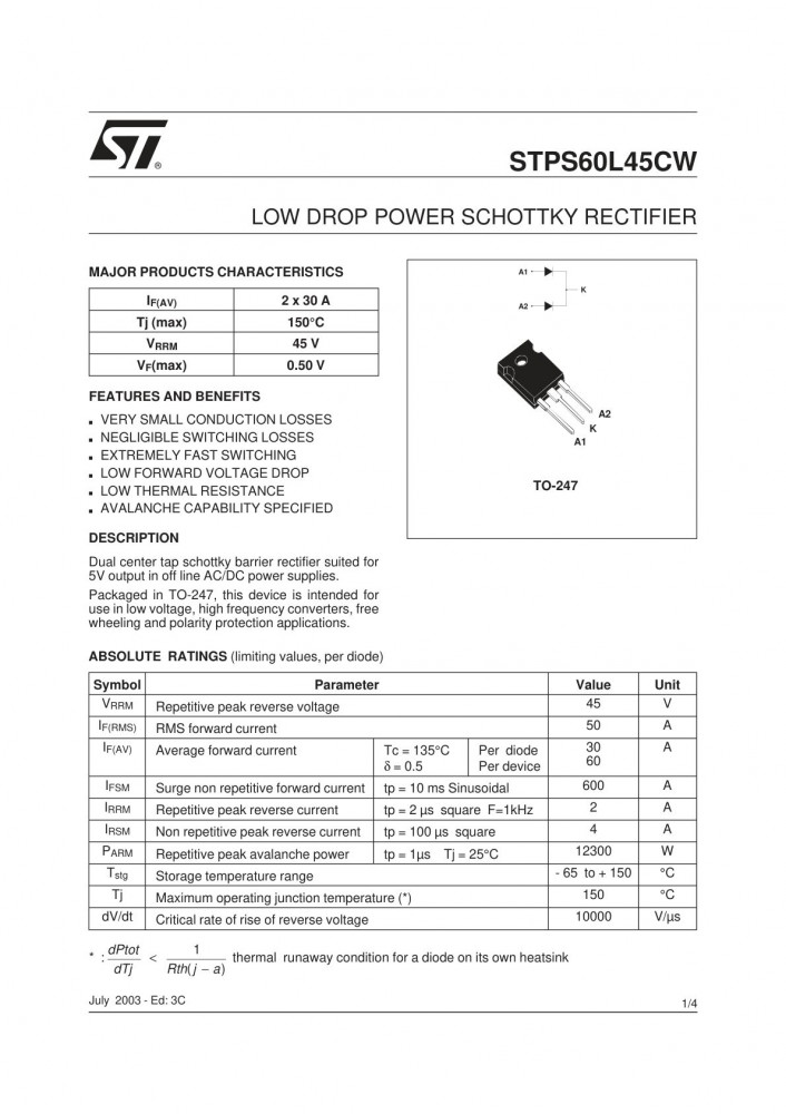STPS60L45CW technical document page 1