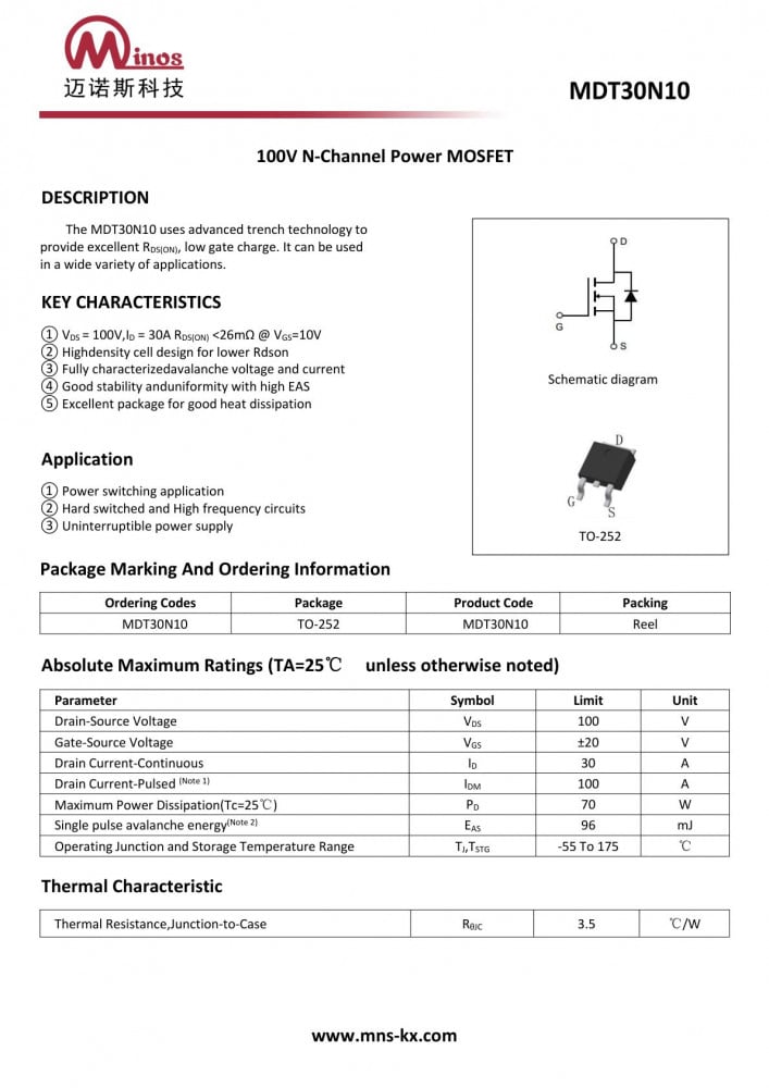 MDT30N10 datasheet page 1