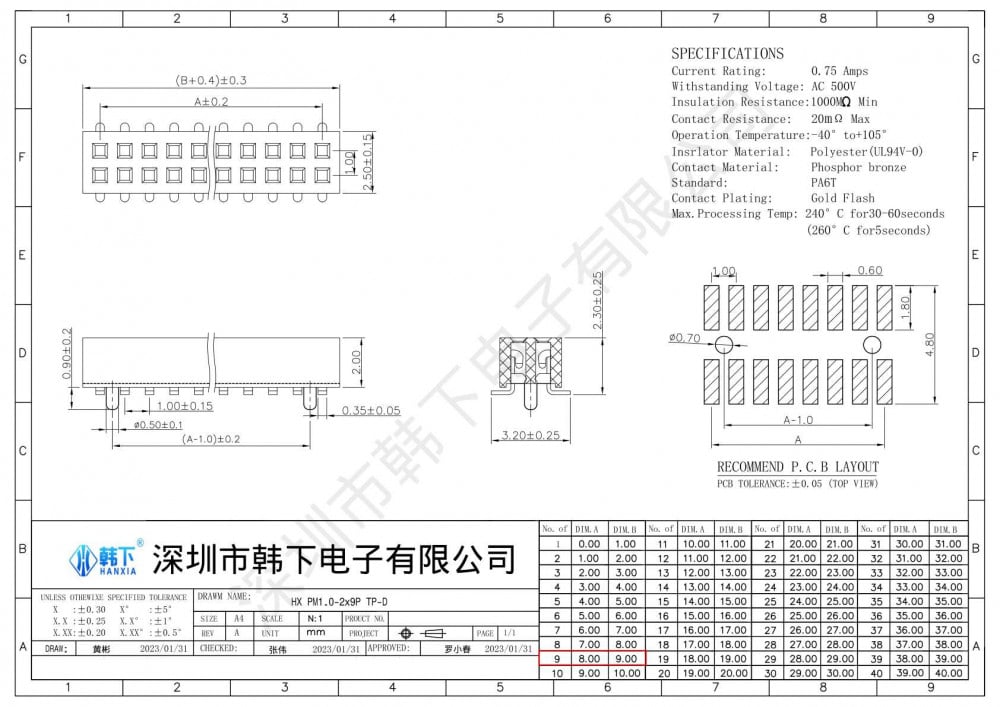 HANXIA HX PM1.0-2x9P TP-D product drawing