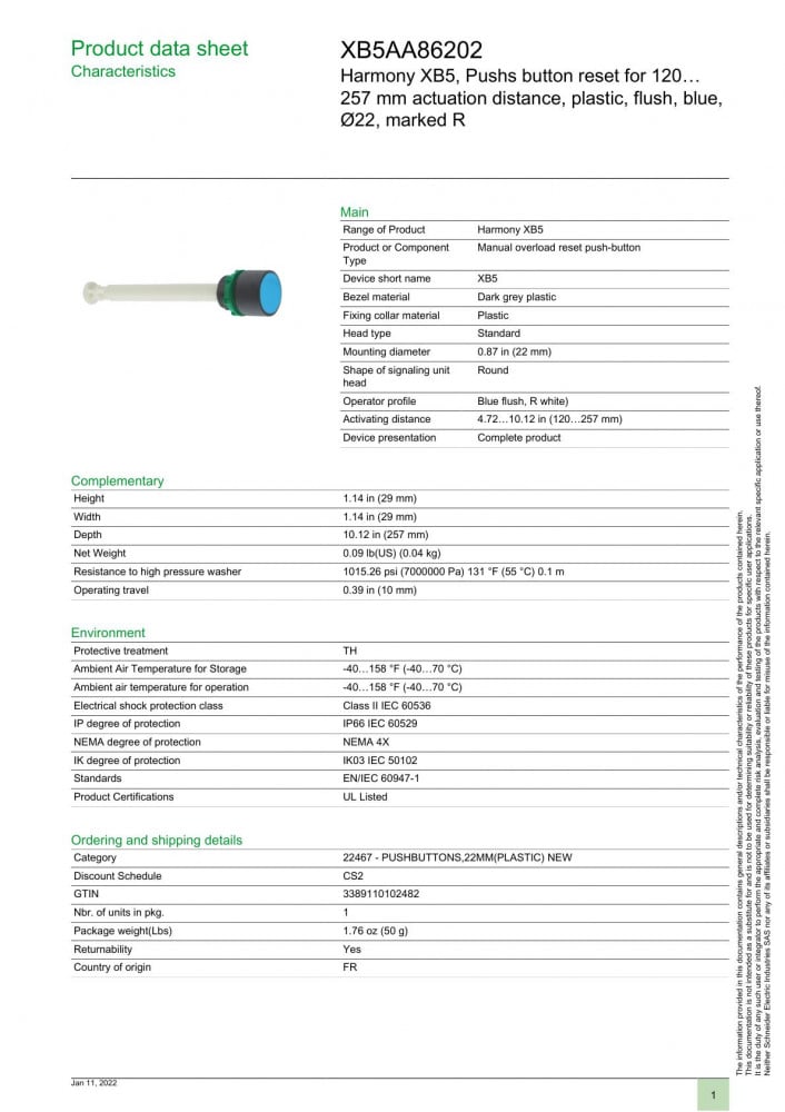 XB5AA86202 technical document page 1