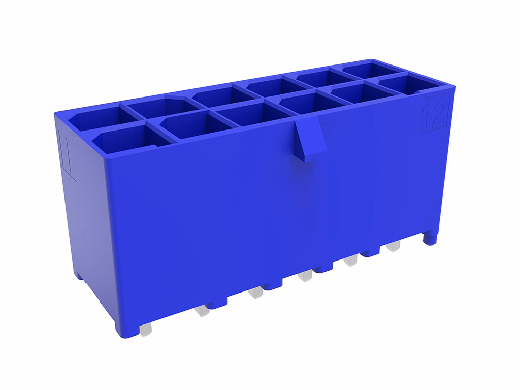 Mega-Fit ColorLock Vertical Header with Crush Pegs, 5.70mm Pitch, Through Hole, Dual Row, 10 Circuits, Matte Tin (Sn) Plating, 3.73mm Tail Length, Glow-Wire Capable, Tray, Yellow