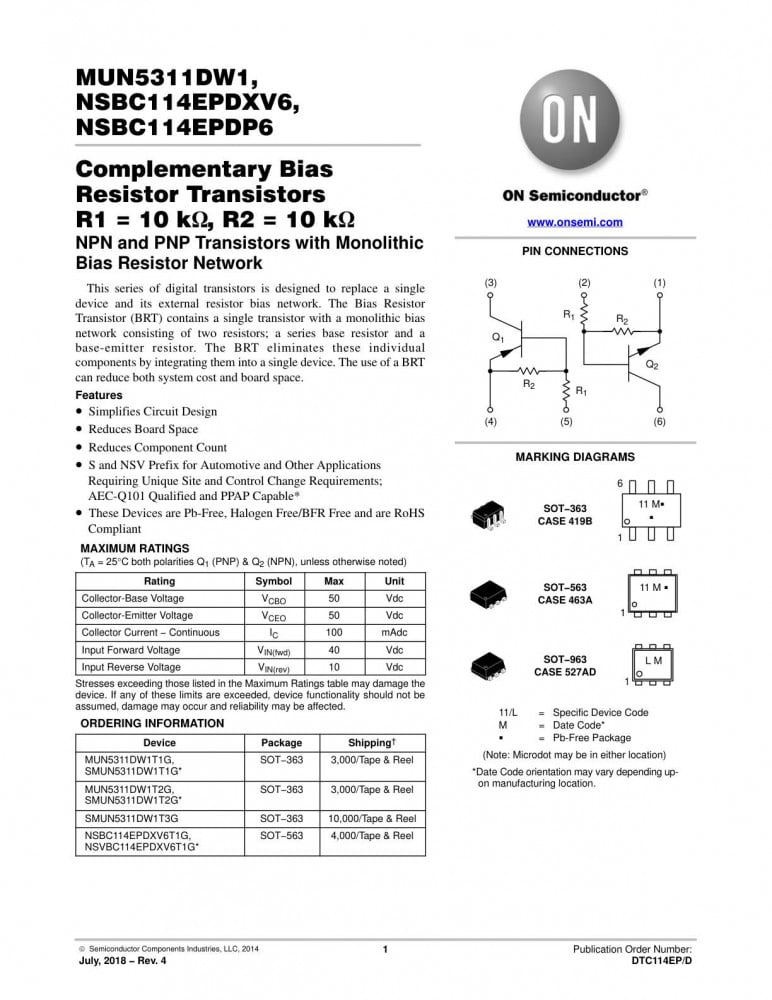SMUN5311DW1T3G technical document page 1