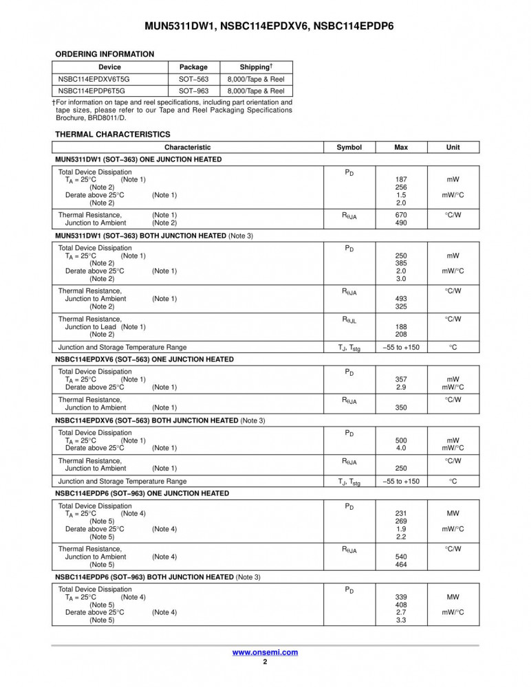 SMUN5311DW1T3G technical document page 2