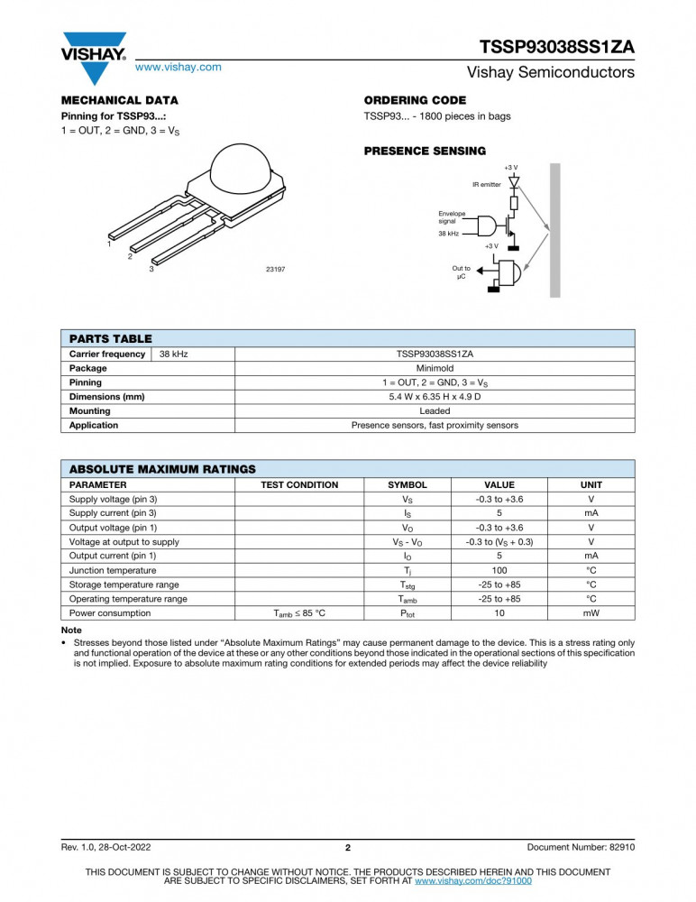 TSSP93038SS1ZA datasheet page 2