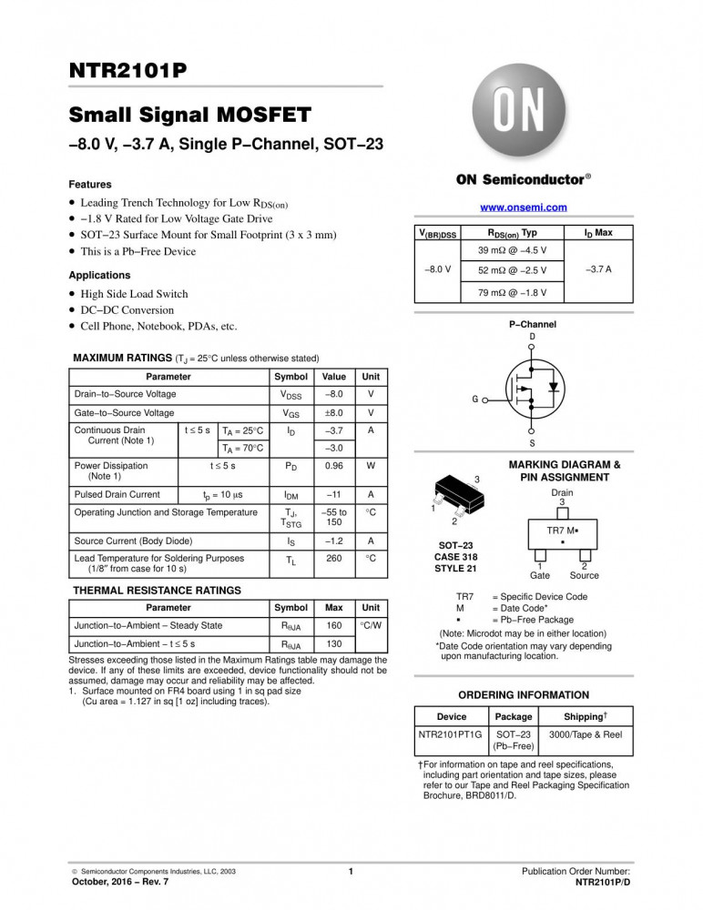 NTR2101PT1G datasheet page 1