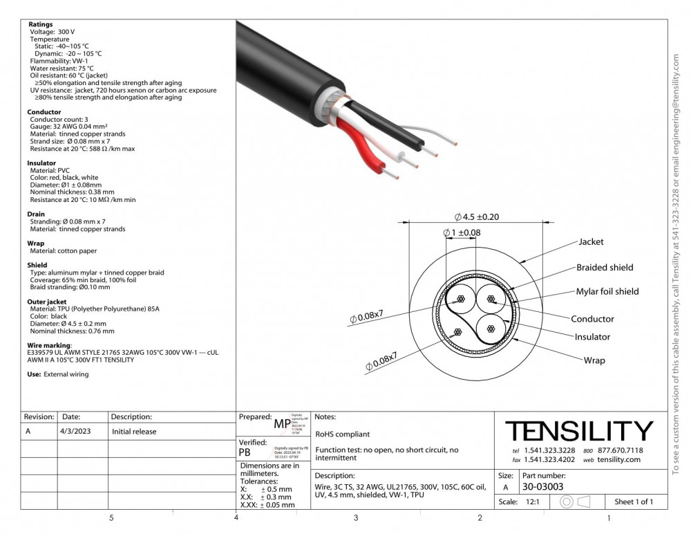 30-03003 technical drawing and cable construction