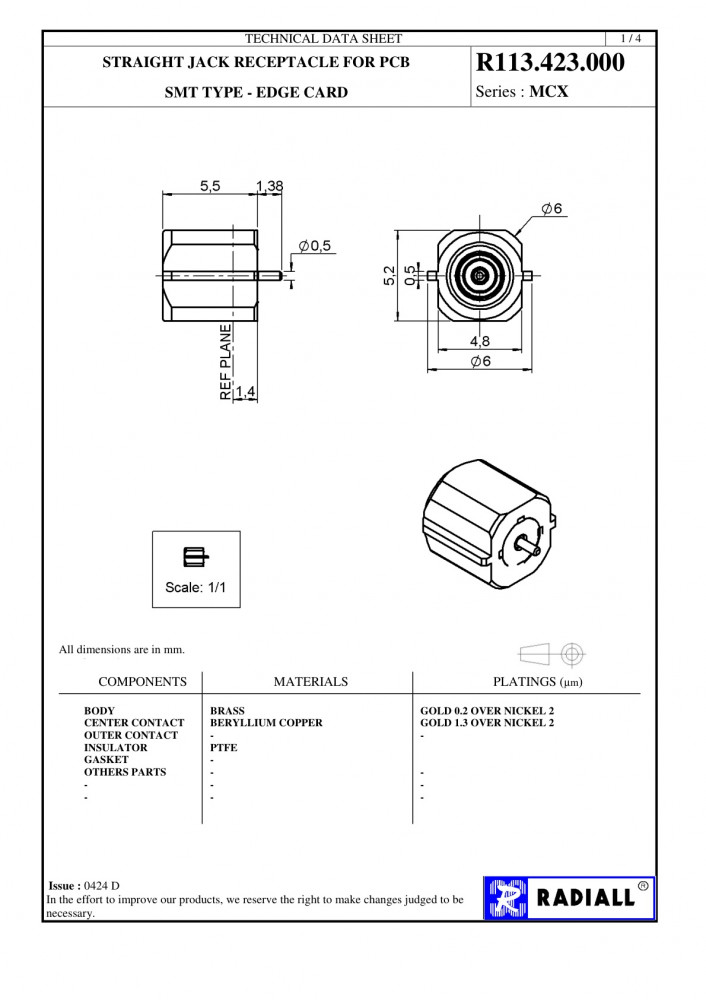 Radiall R113.423.000 technical document, page 1