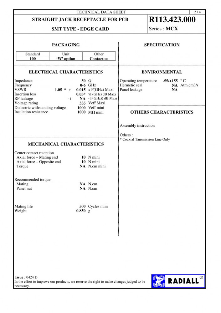 Radiall R113.423.000 technical document, page 2