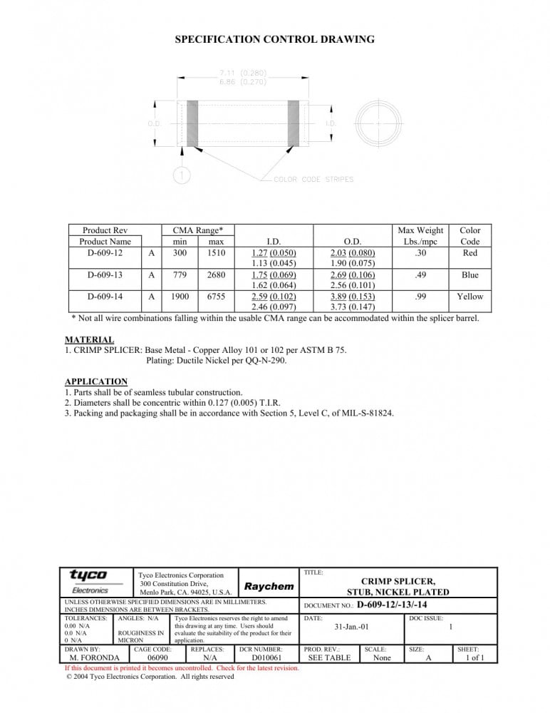 TE Connectivity D-609-14 technical drawing