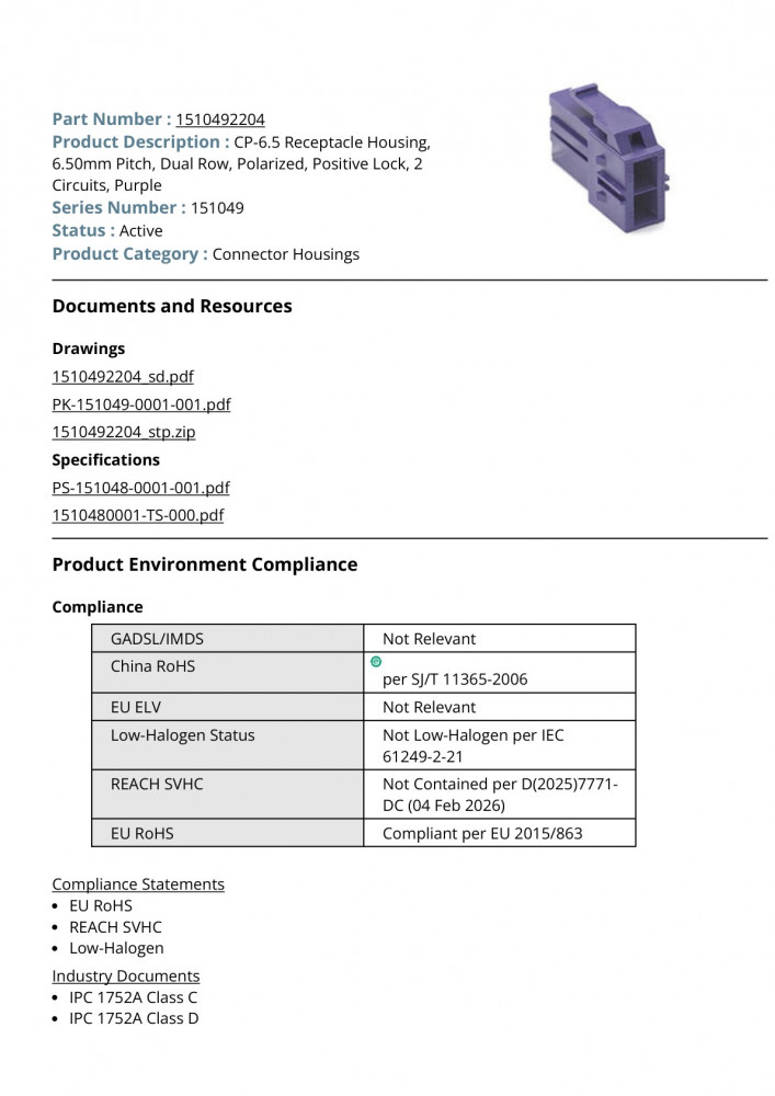 Molex CP 6.5 mm specification page 1