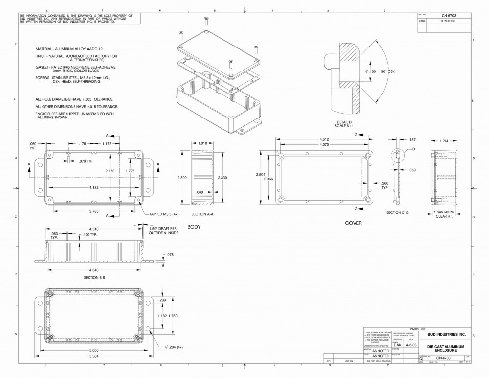 Bud Industries CN-6703 die-cast aluminum enclosure technical drawing