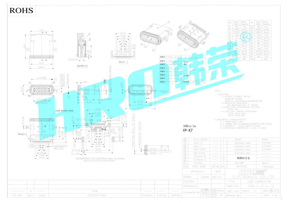 TYPE-C-31-E-12 manufacturer drawing and recommended PCB layout