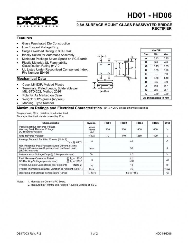 DIODES HD06-T datasheet page 1