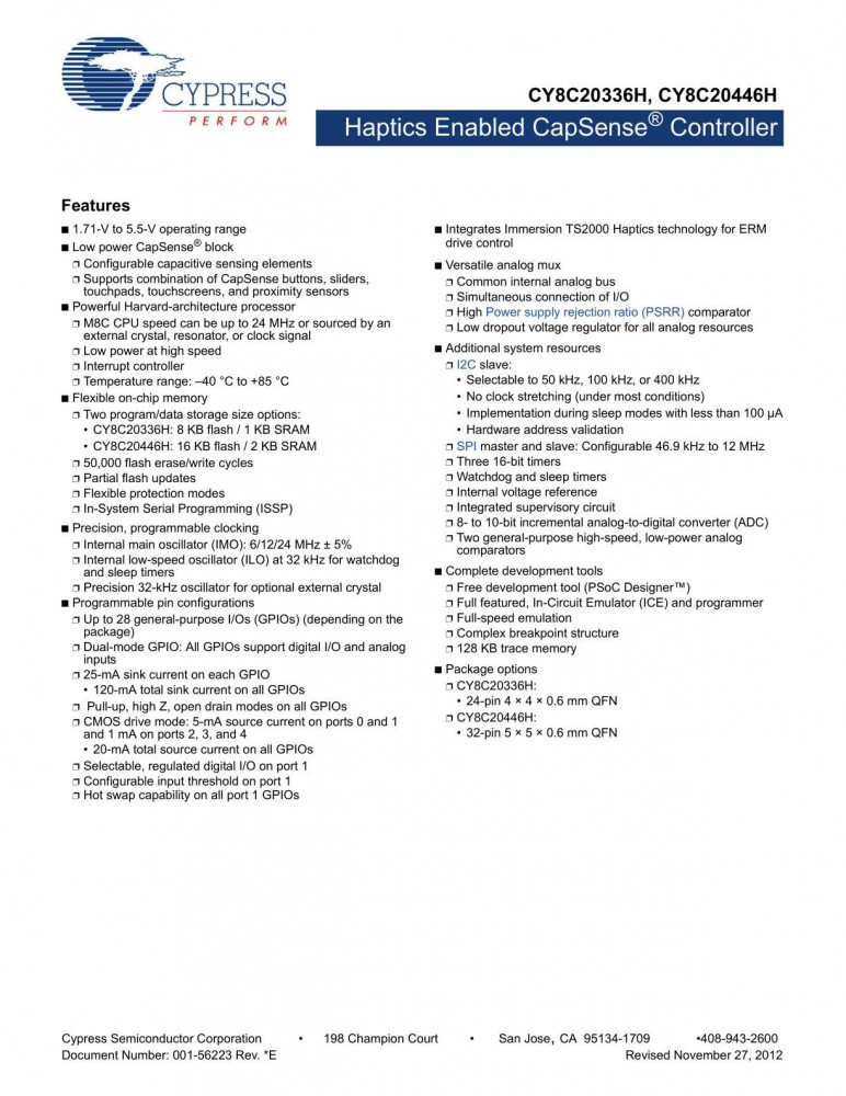 CY8C20566A technical document page 1