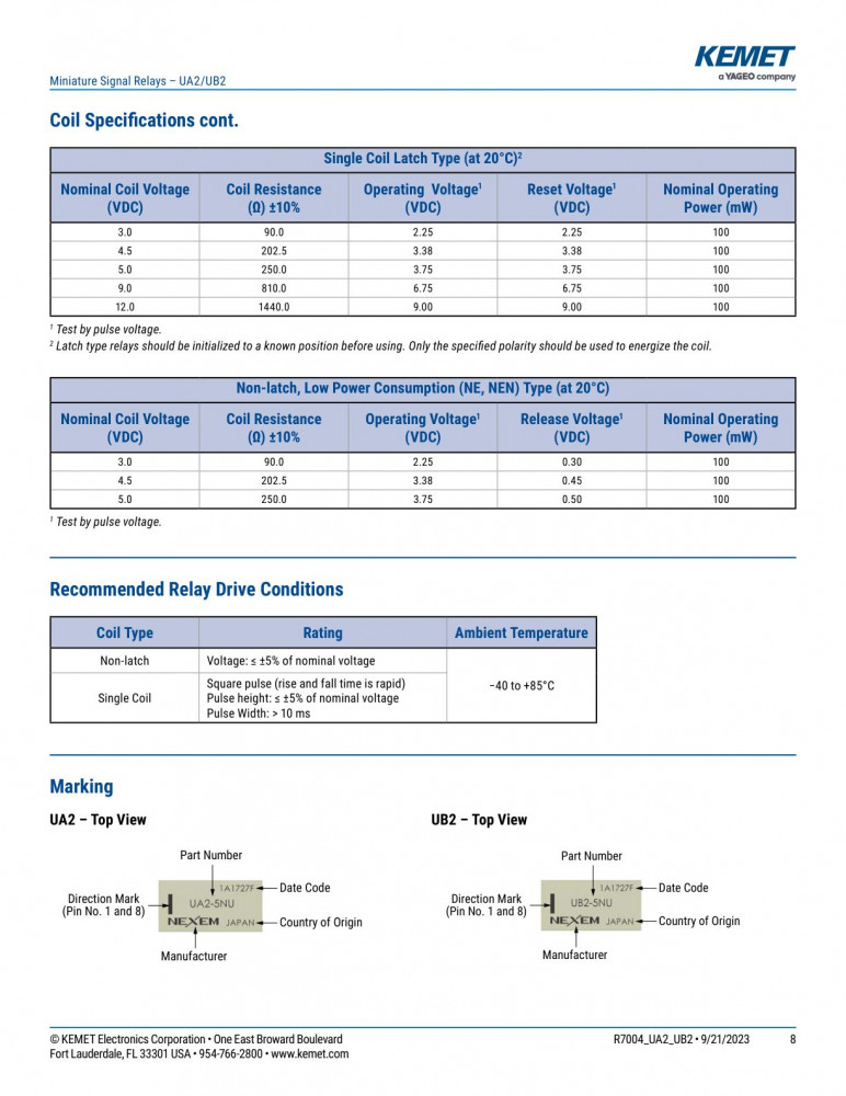 KEMET UB2 relay document page 8