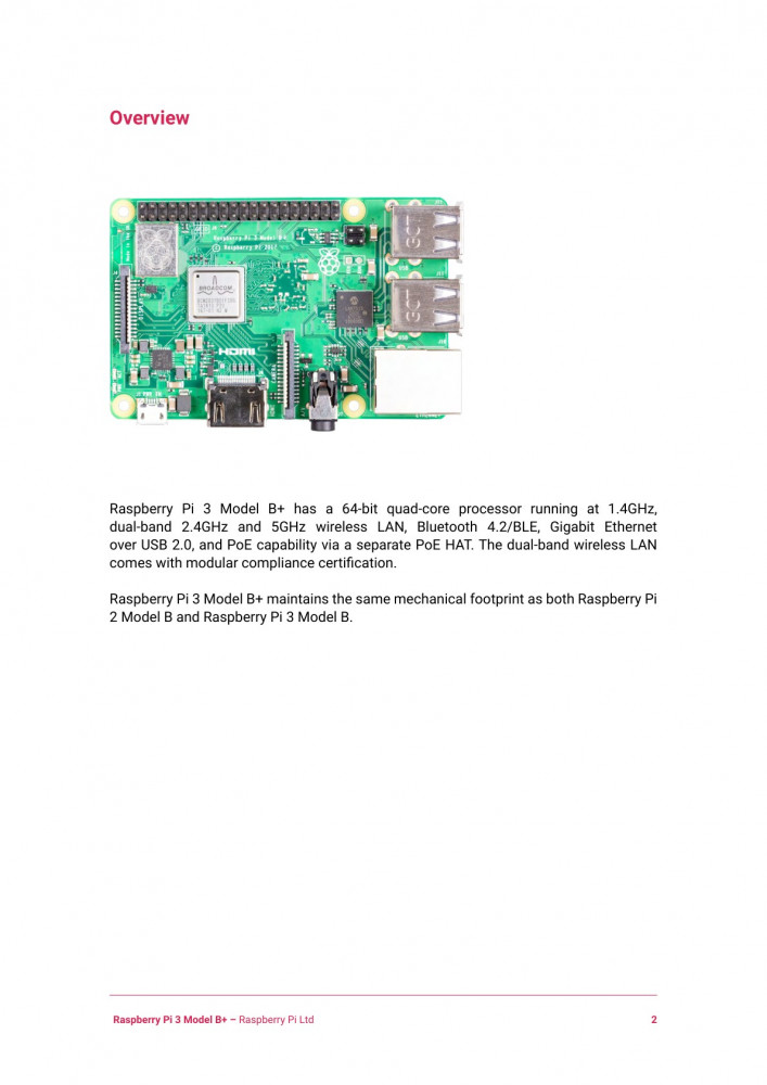Raspberry Pi 3 Model B+ technical document page 2