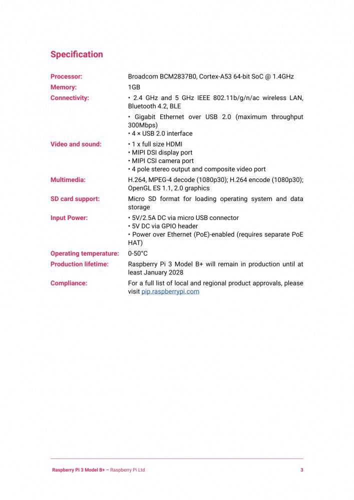 Raspberry Pi 3 Model B+ technical document page 3