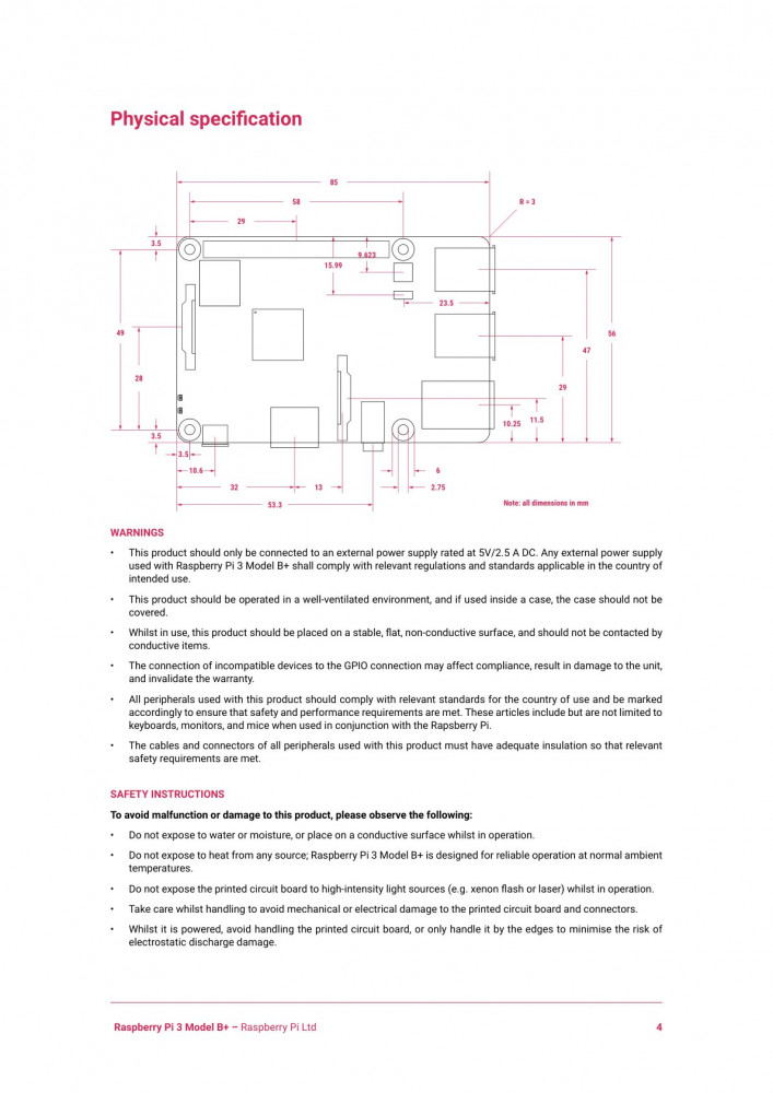 Raspberry Pi 3 Model B+ technical document page 4