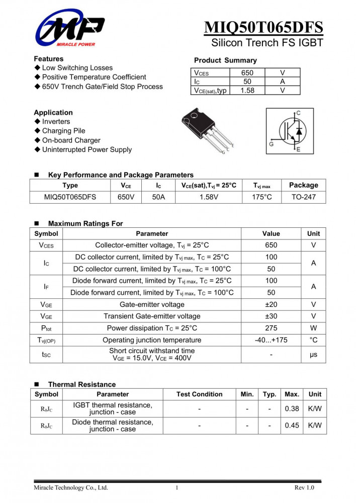 MIQ50T065DFS datasheet page 1