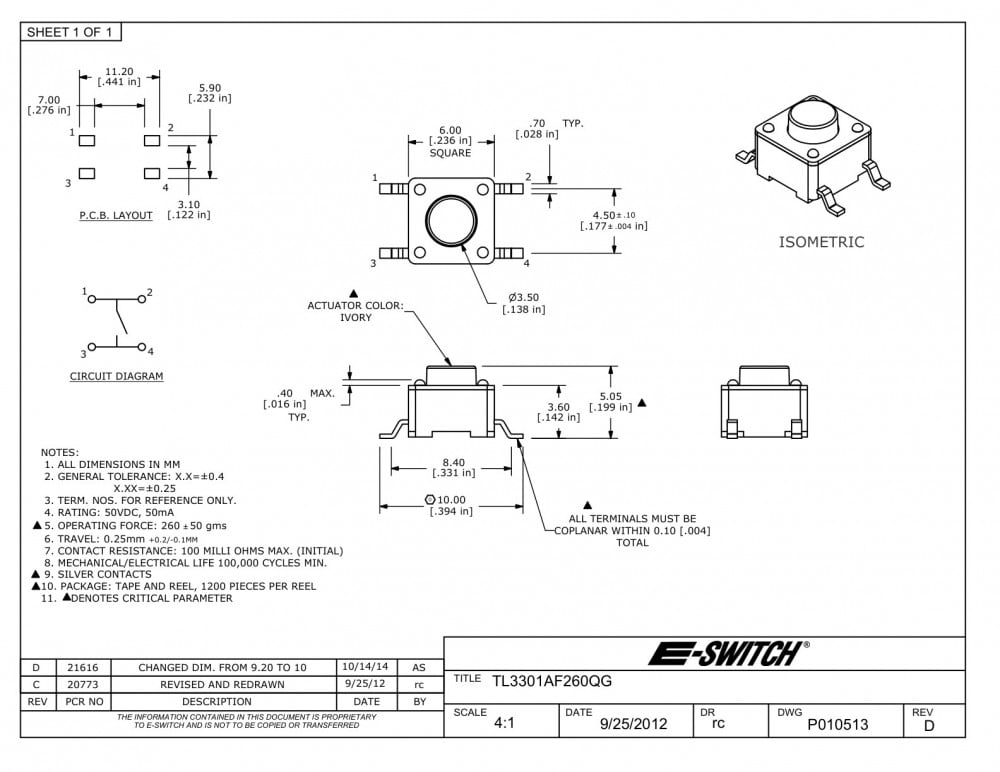 E-Switch TL3301AF260QG technical drawing
