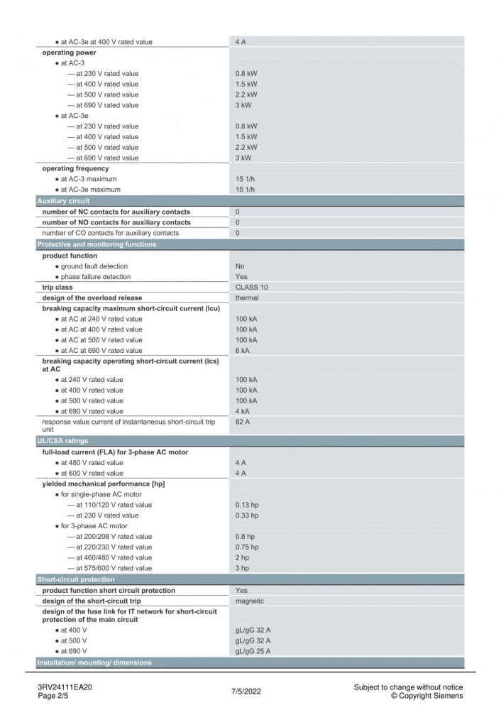 3RV24111EA20 datasheet page 2