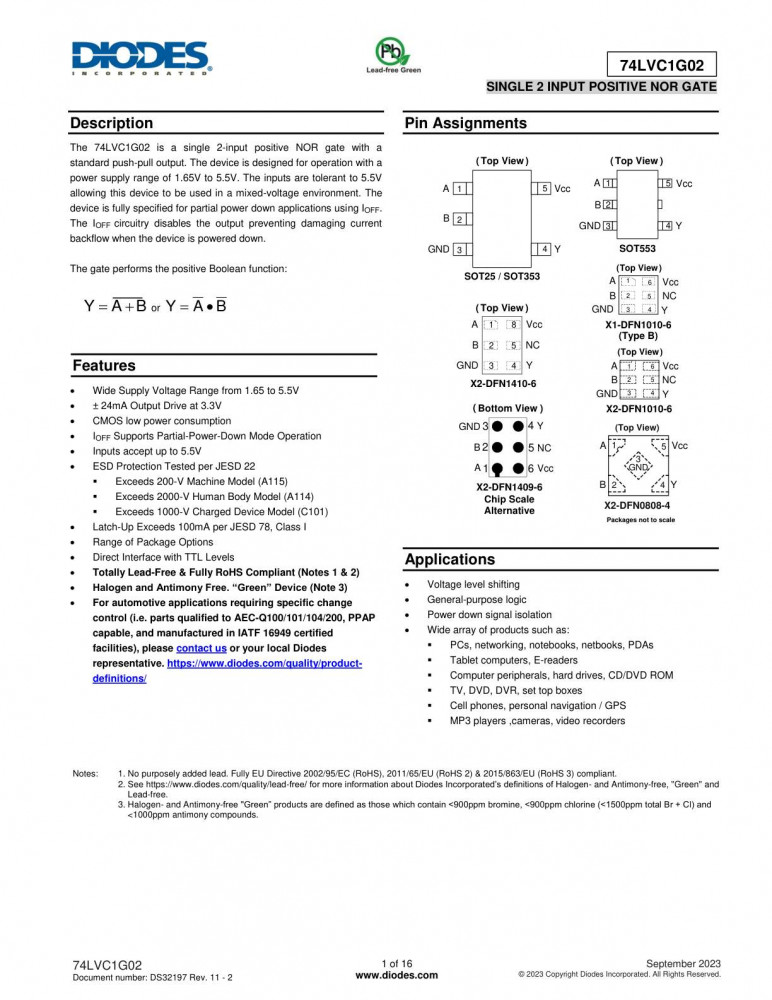 74LVC1G02W5-7 datasheet page 1