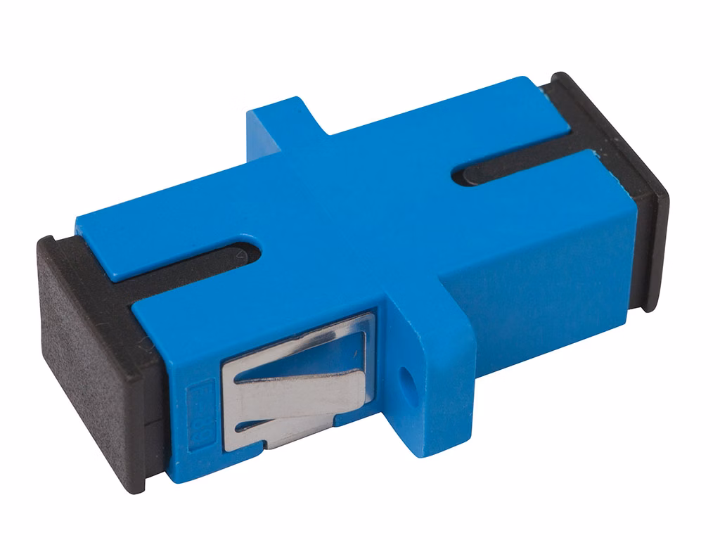 SC/UPC One Body Adapter, Simplex, Singlemode, Blue Body, Ceramic Alignment Sleeve, with Flange, Screw Mount