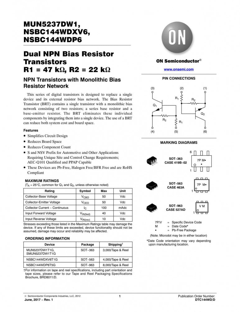MUN5237DW1T1G datasheet page 1