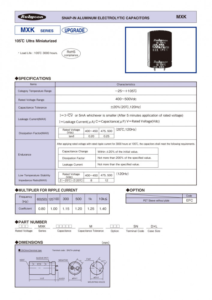 Rubycon MXK series datasheet page 1