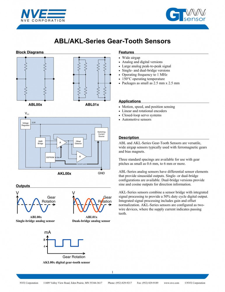 NVE gear-tooth sensor datasheet page 1