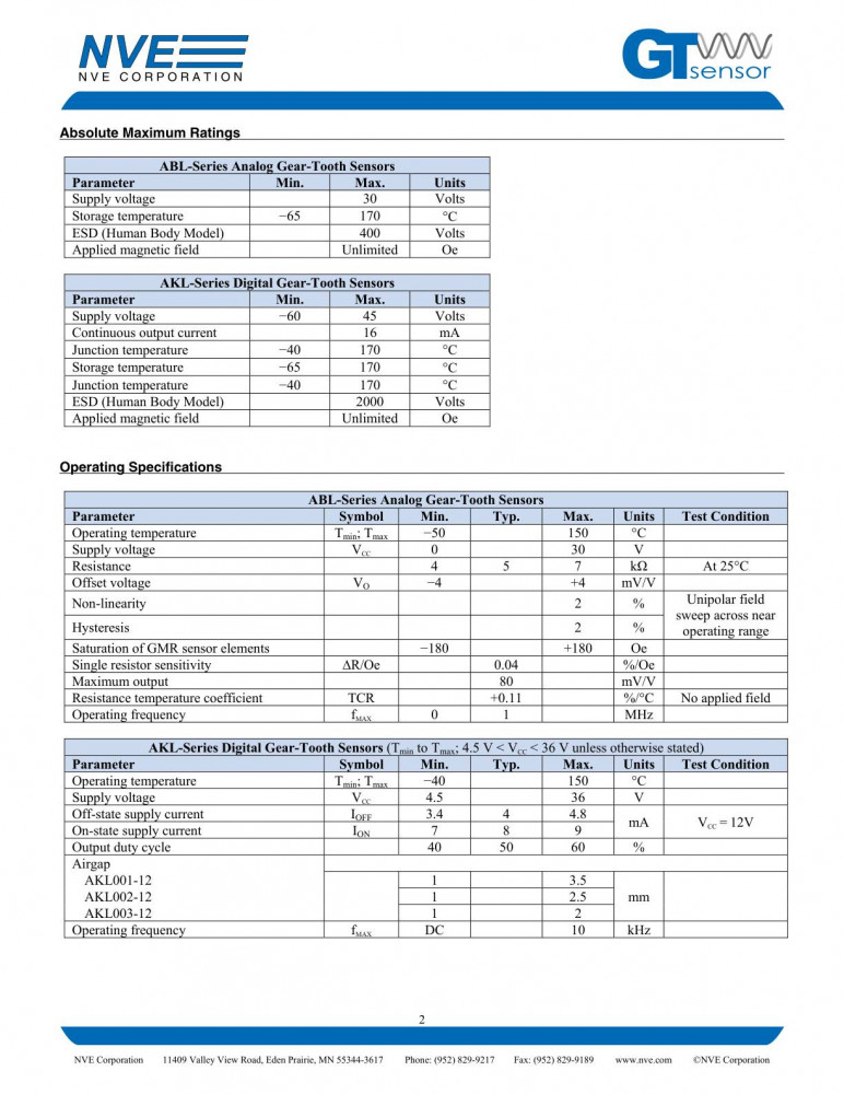 NVE gear-tooth sensor datasheet page 2