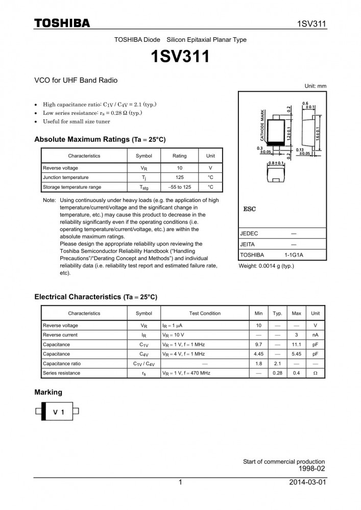 TOSHIBA 1SV311 datasheet page 1